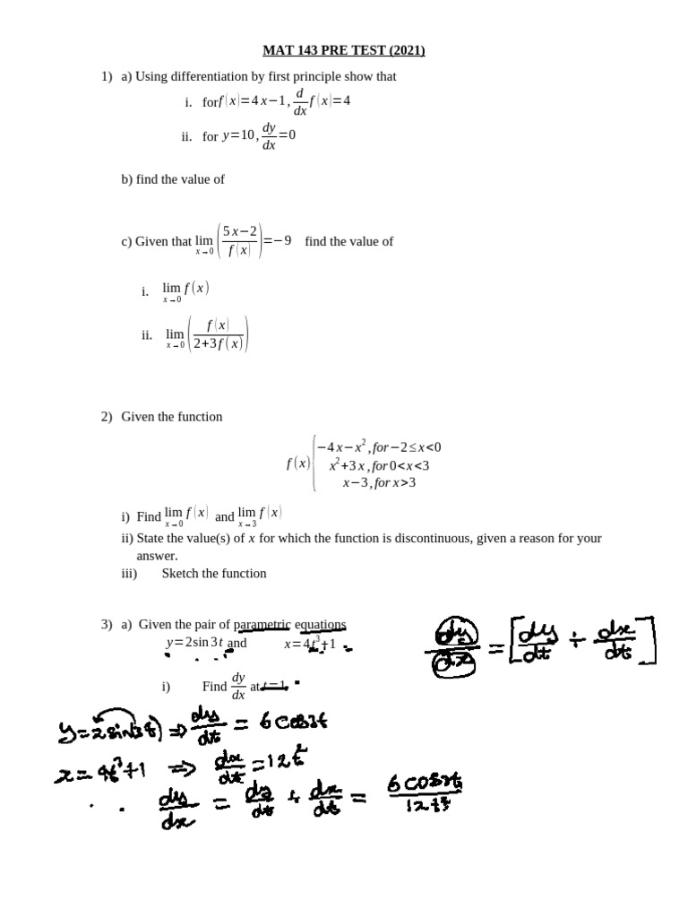 MAT 143 Pre-Test: Calculus Concepts | PDF | Differential Geometry ...