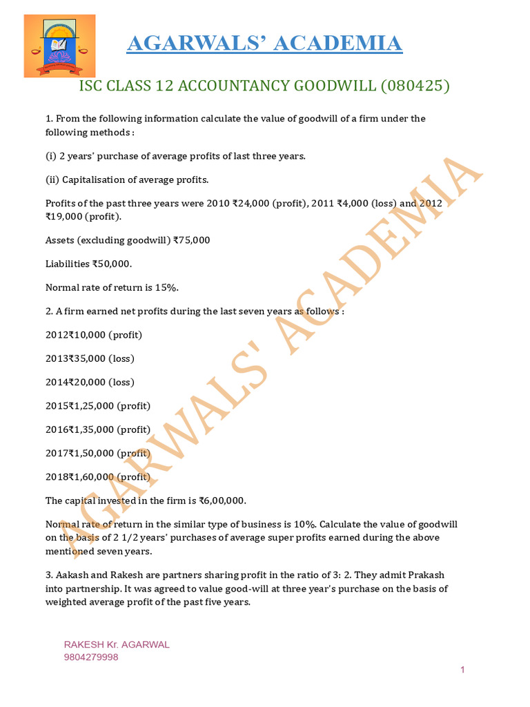 ISC Class 12 Accountancy Goodwill Calculation | PDF