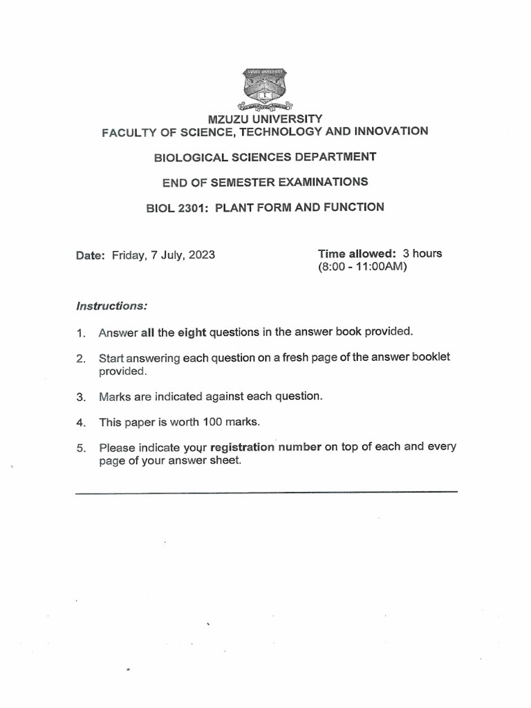 BIOL 2301 Plant Form and Function End of Semester Examination July 2023 ...