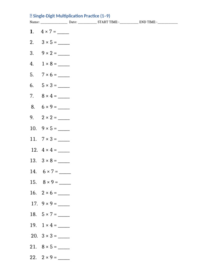 Single Digit Multiplication Practice | PDF