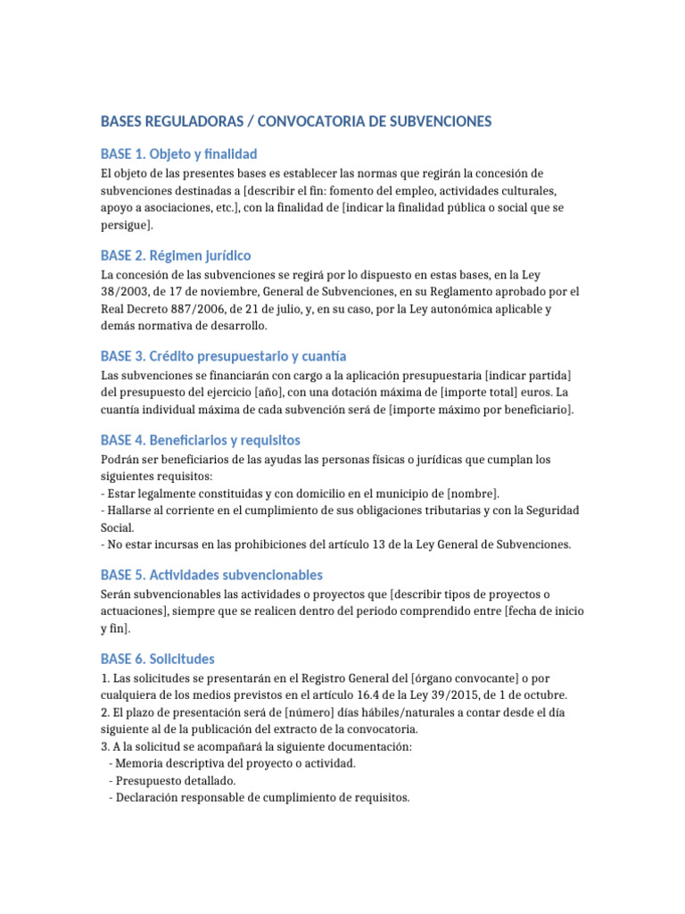 Modelo Bases Convocatoria Subvenciones | PDF | Otorgar dinero ...