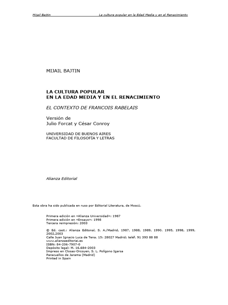 Bajtin Mijail La Cultura Popular en La Edad Media y El Renacimiento Rabelais 2-1-225 | PDF | La ...