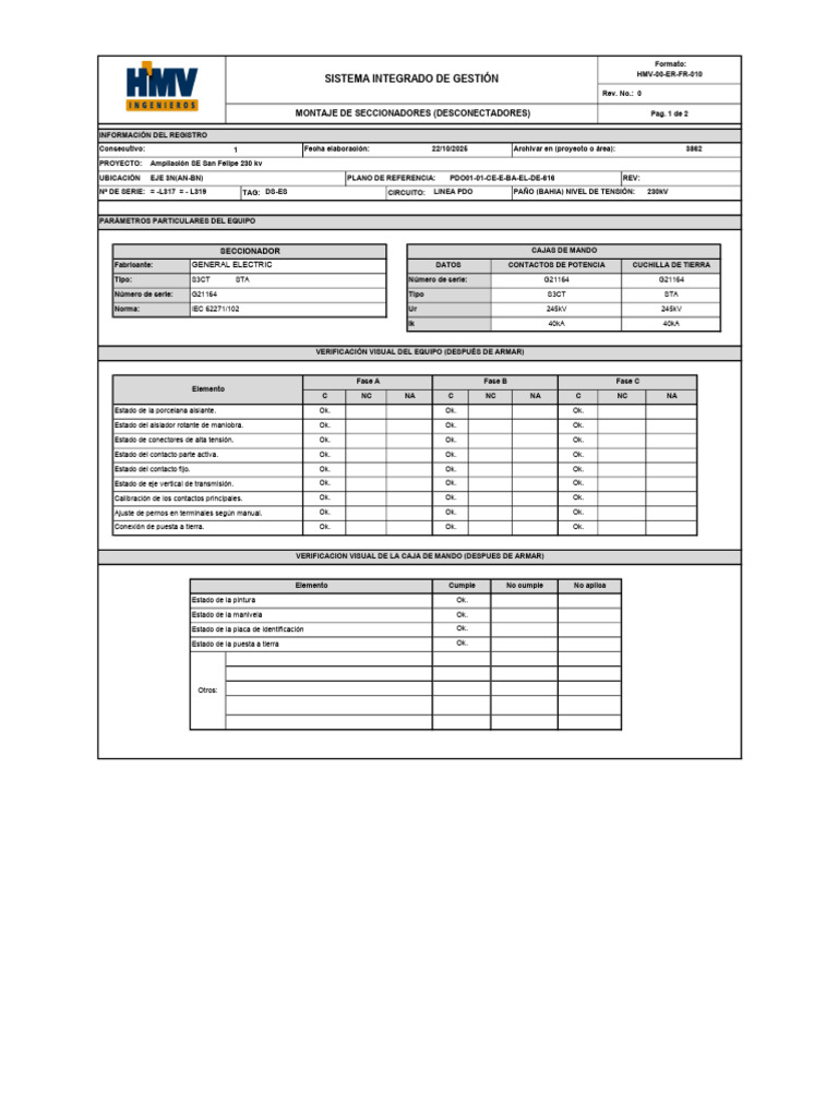 HMV 00 ER FR 010 Montaje Seccionador 1 | PDF | Aislador (Electricidad) | Ingenieria Eléctrica