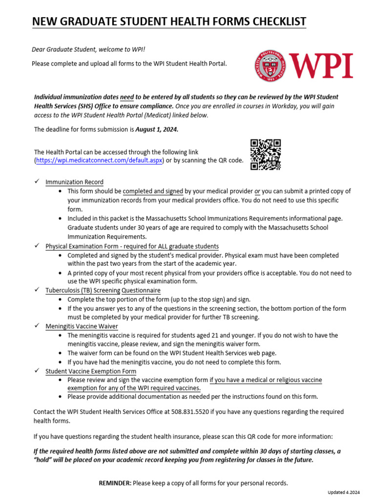 WPI Graduate Student Health Checklist | PDF | Medical Specialties ...