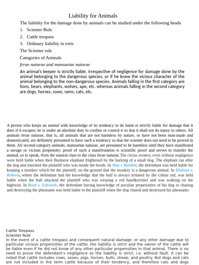 Animal Liability and Cattle Trespass Law | PDF | Scienter | Trespass