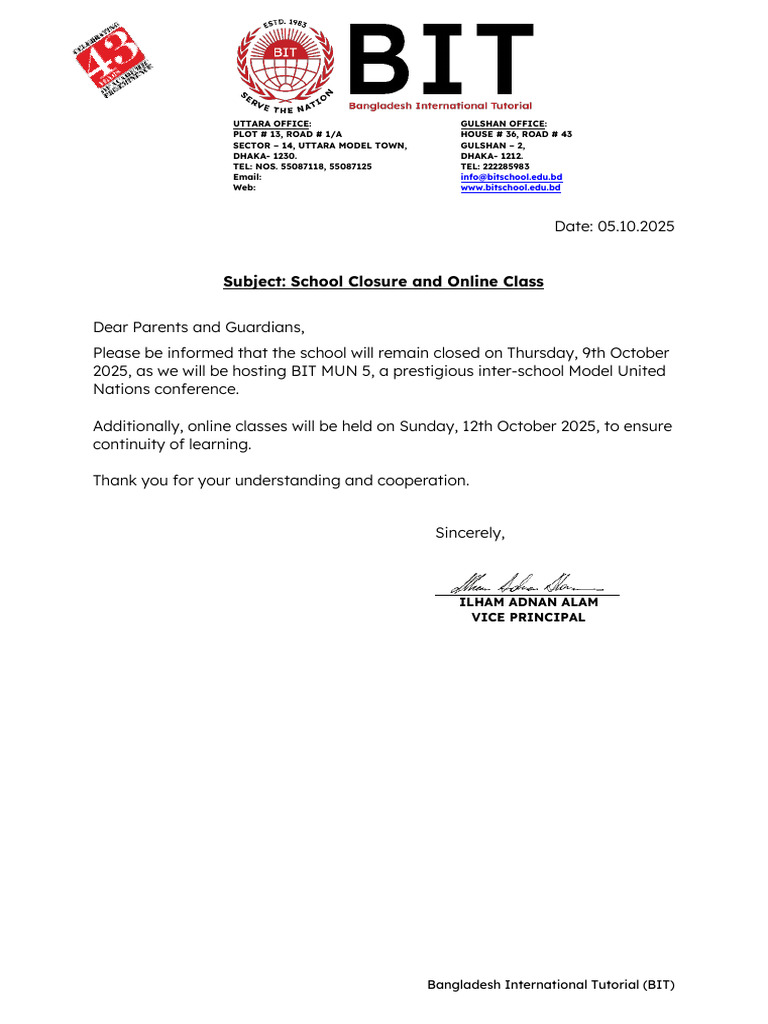 Notice For School Closure and Online Class | PDF
