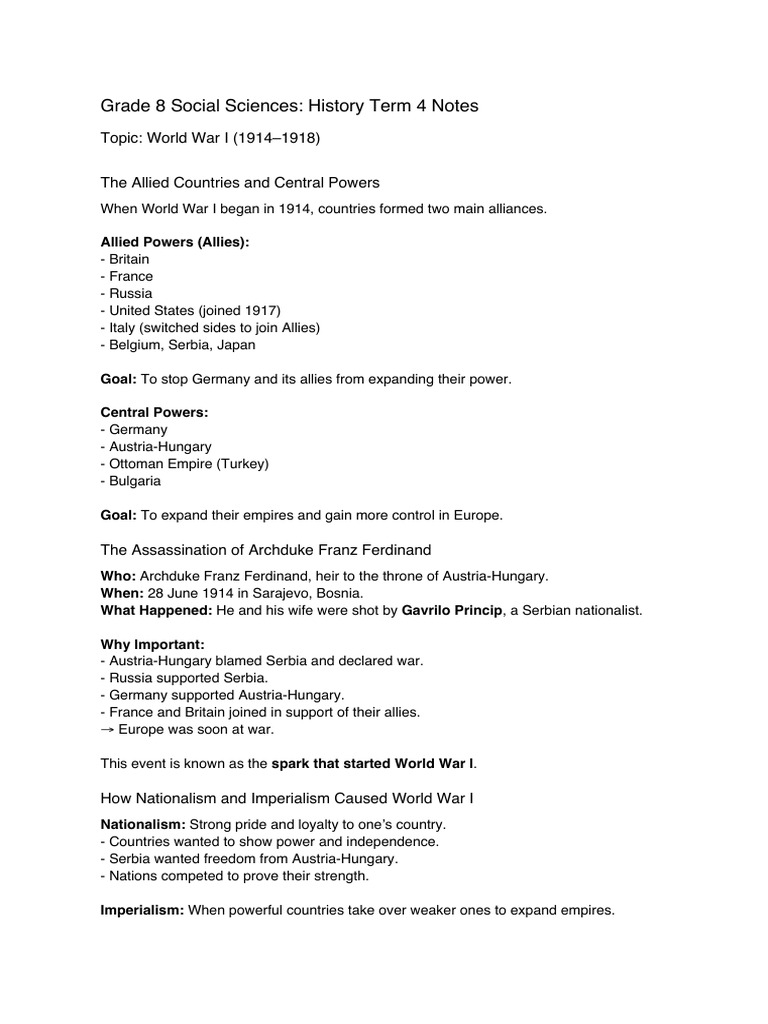 Grade 8 WWI History Notes | PDF | Central Powers | World War I