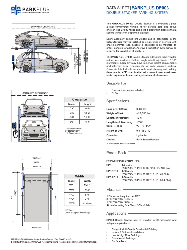PARKPLUS DP003 Double Stacker Specs | PDF | Fire Sprinkler System