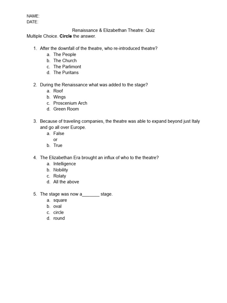 Renaissance & Elizabethan Theatre - Quiz - Students | PDF