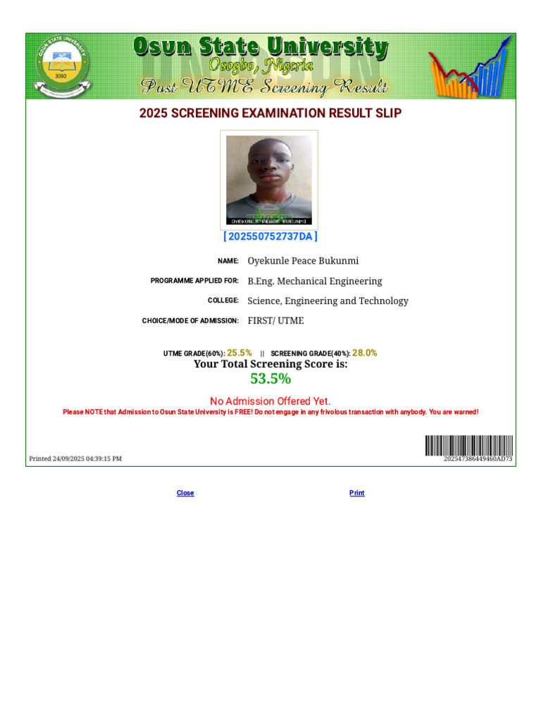 2025 Post Utme Screening Examination Result | PDF