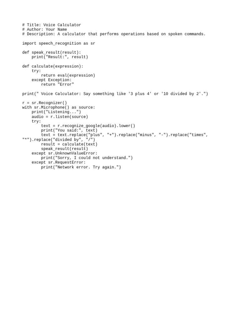 "Voice Calculator" - Python (Speech Recognition) | PDF