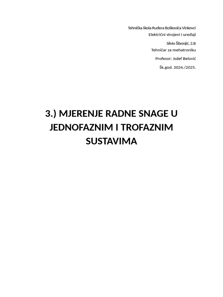 3.) Mjerenje Radne Snage U Jednofaznim I Trofaznim Sustavima | PDF