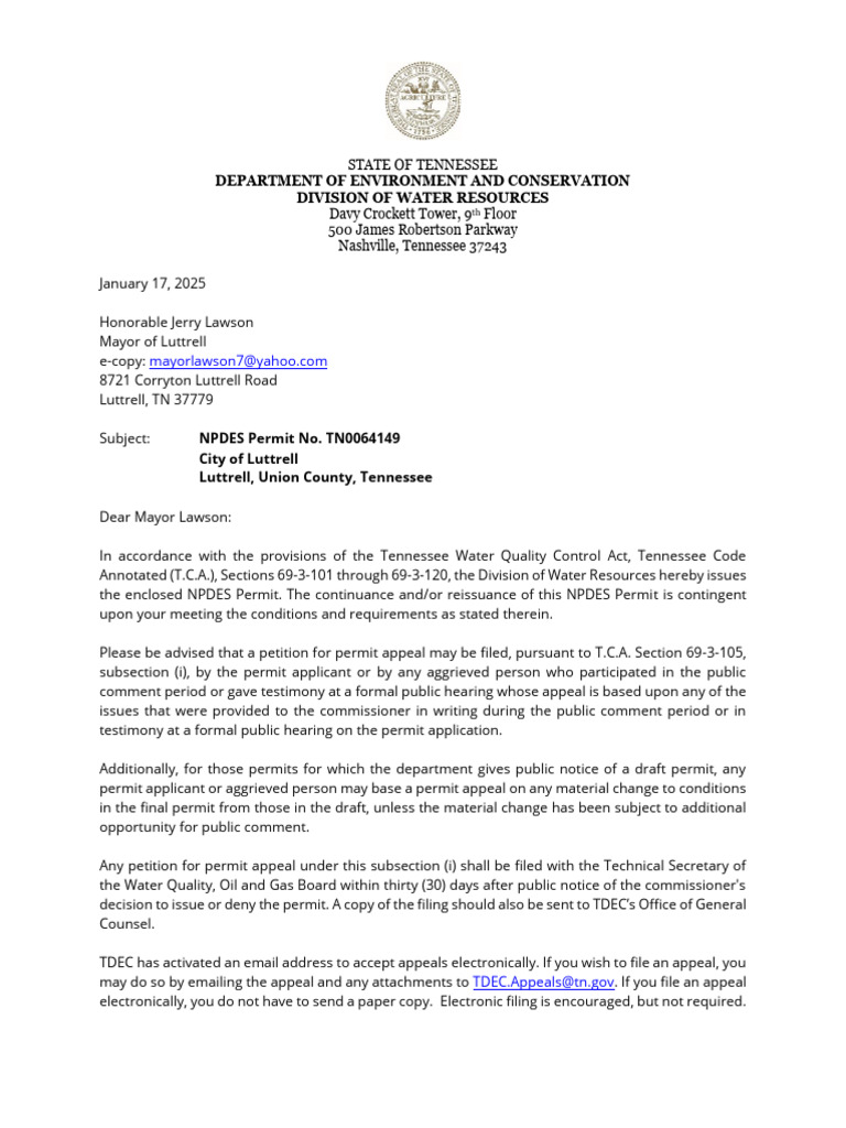 DWR TN0064149 Permit 20250117 2366 | PDF | Clean Water Act ...