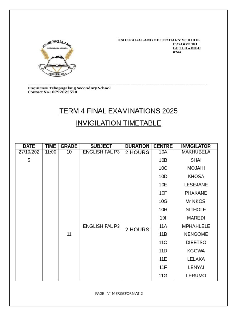 2025 Term 4 Invigilation-Tt | PDF