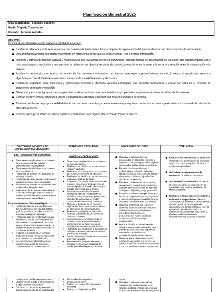 Planificación Matemática 5º Grado 2025 | PDF | División (Matemáticas ...