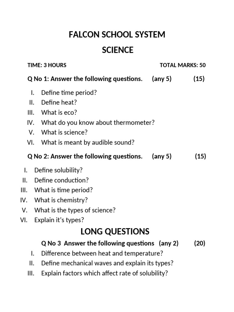 Falcon School Science Exam Questions | PDF