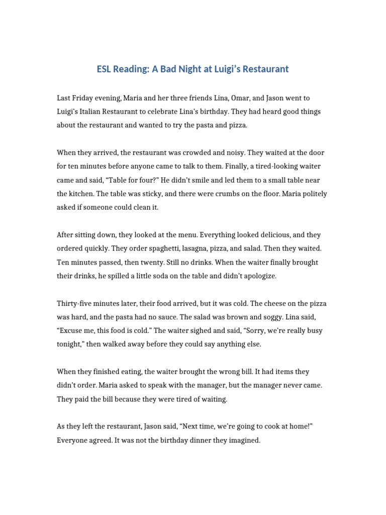 ESLAO Reading Comp for Restaurant | PDF | Restaurants | Waiting Staff