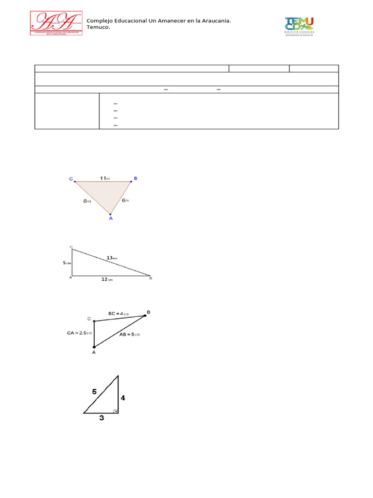 Guía del Teorema de Pitágoras 8° Básico | PDF | Triángulo | Matemáticas