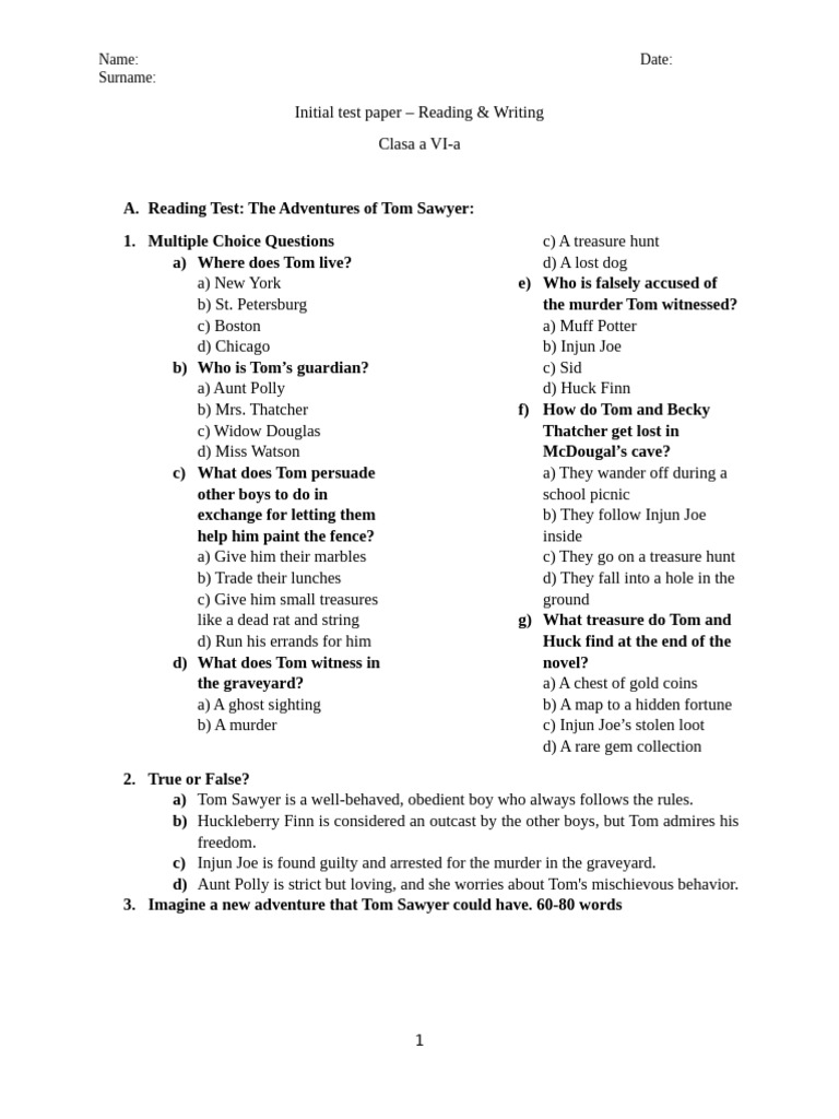 Optional 6a Tom Sawyer | PDF | The Adventures Of Tom Sawyer