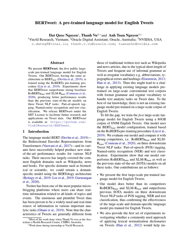 BERTweet A Pre-Trained Language Model For English Tweets | PDF ...