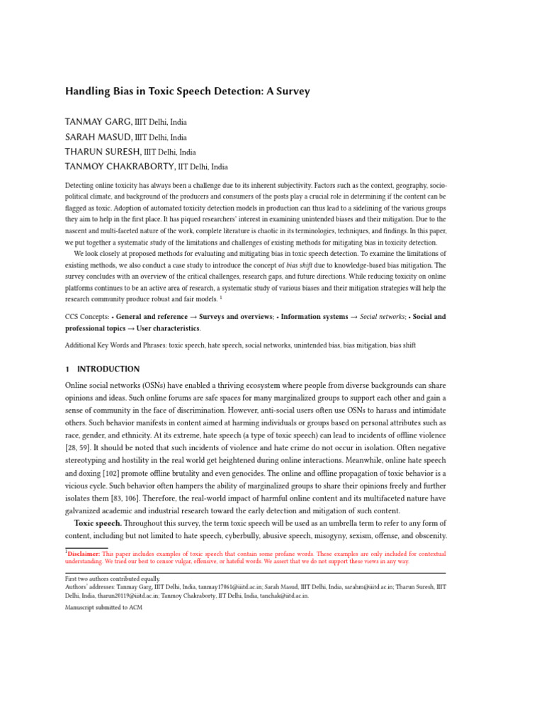 Handling Bias in Toxic Speech Detection a Survey | PDF | Sampling ...