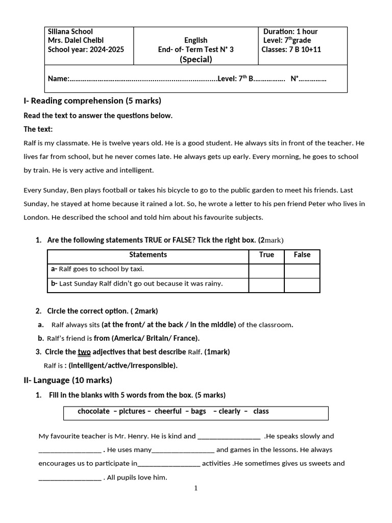 7th Grade English Comprehension Test | PDF