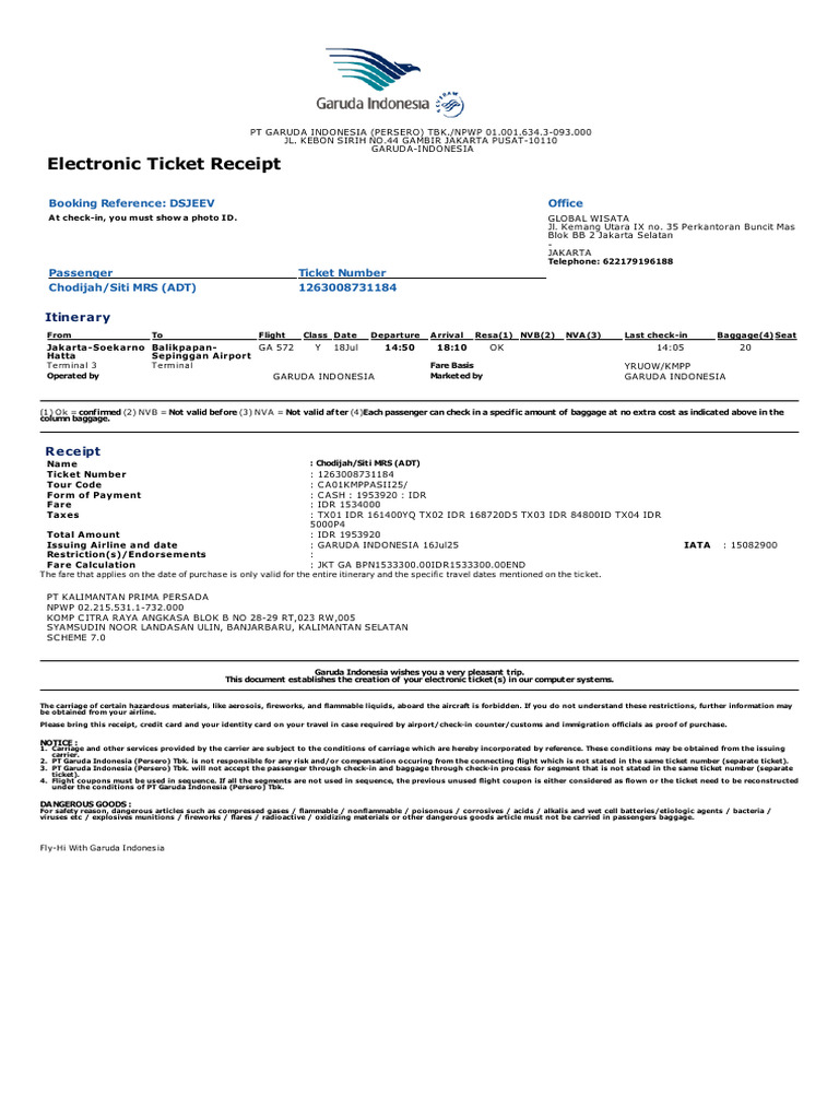 Garuda Ticket - DSJEEV (1263008731184) | PDF | Dangerous Goods