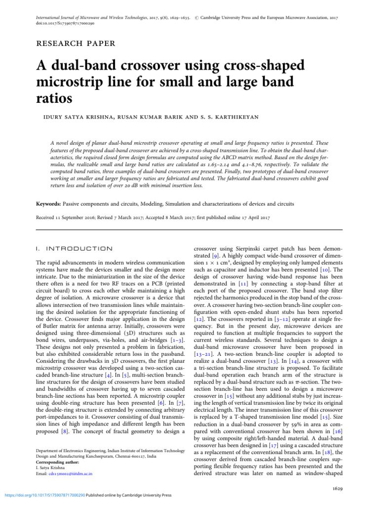 A Dual Band Crossover Using Cross Shaped Microstrip Line For Small and ...