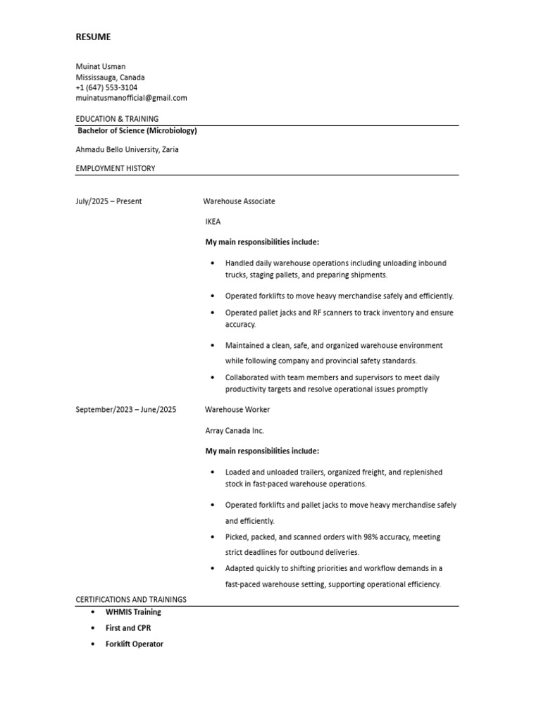 Muinat Usman Warehouse Associate Resume | PDF