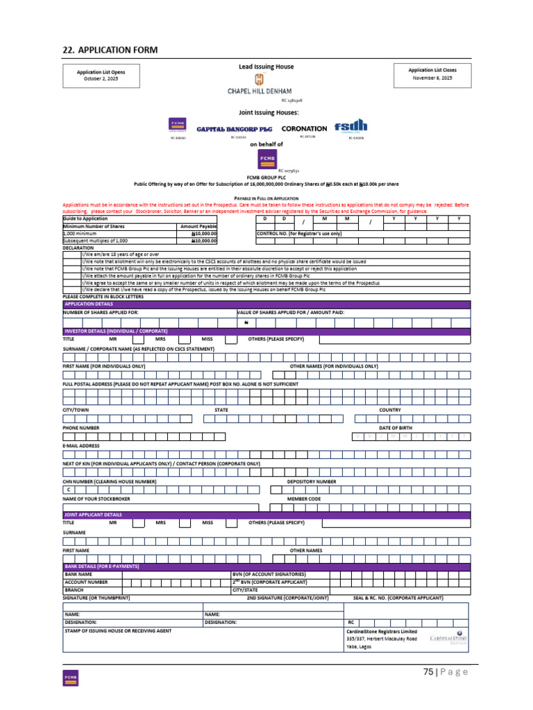 FCMB Public Offer Application Form 2025 | PDF