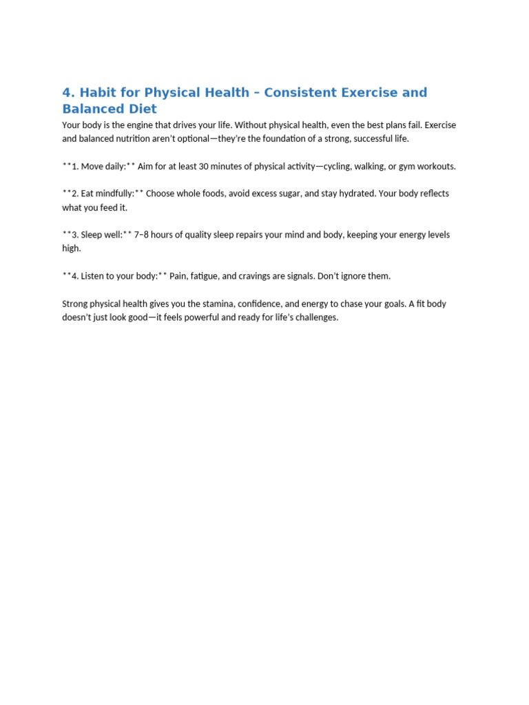 4. Habit for Physical Health – Consistent Exercise and Balanced Diet | PDF