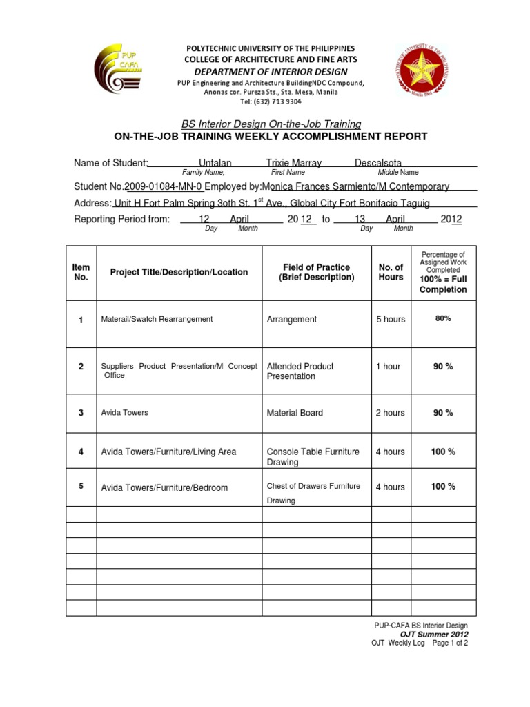 OJT Weekly Log COMPILED PDF | PDF | Interior Design | Art Media