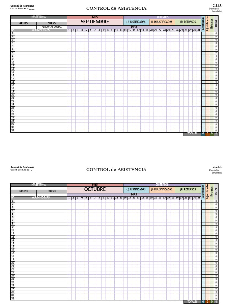 Control de Asistencia en Formato Excel | PDF