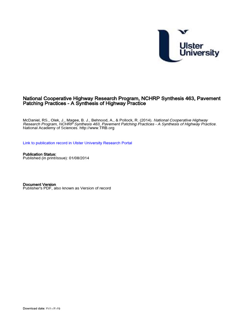 National Cooperative Highway Research Program, NCHRP Synthesis 463 ...