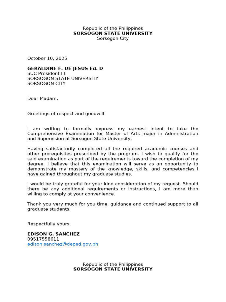 Letter of Intent For CAR Exam | PDF