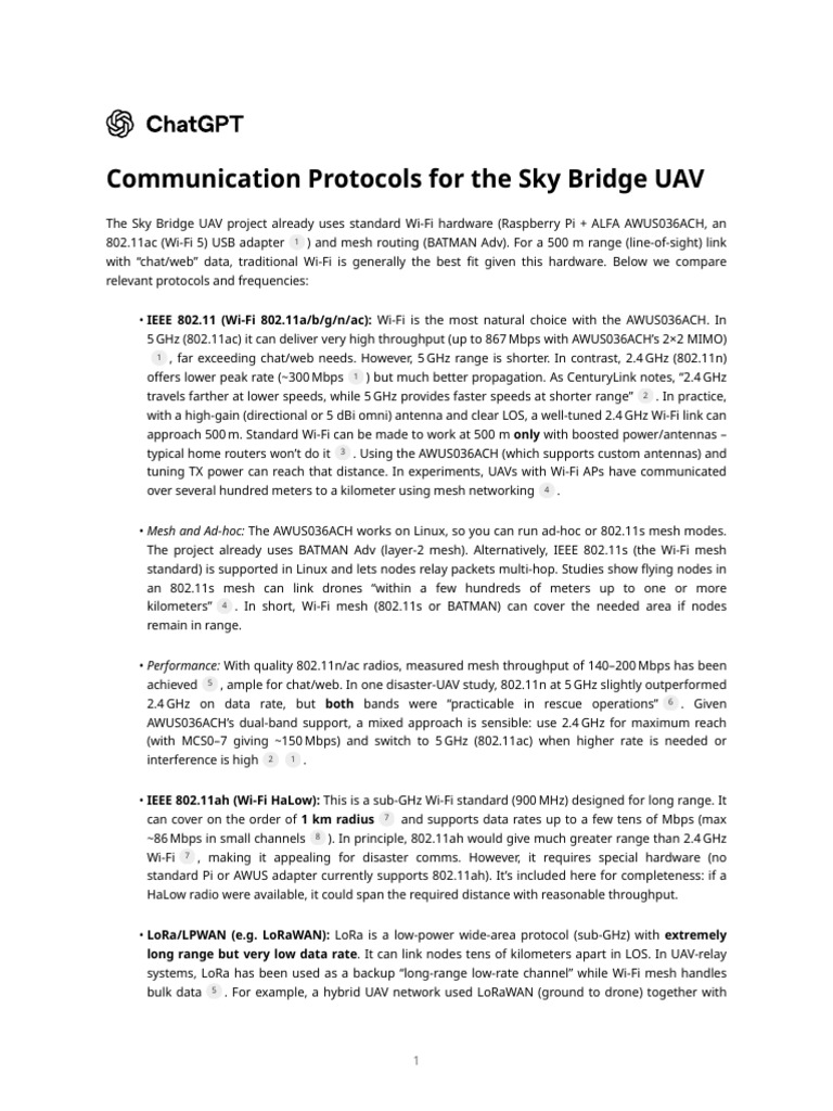 Communication Protocols For The Sky Bridge UAV | PDF | Ieee 802.11 | Wi Fi