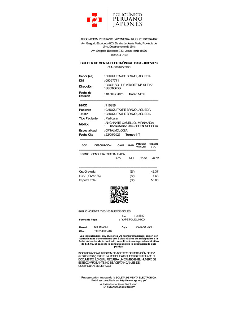 Boleta de Venta Electrónica B331 - 00172473: Señor (Es) : DNI ...