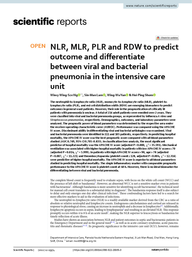 NLR, MLR, PLR and RDW To Predict Outcome and Differentiate Between ...