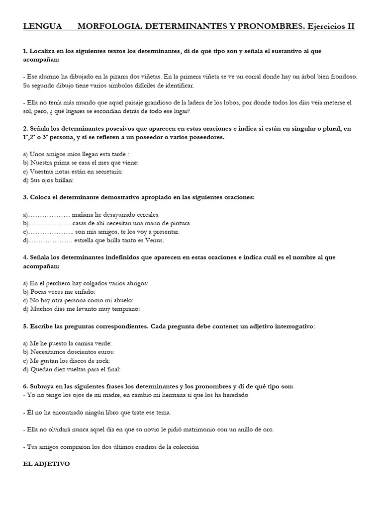 Lengua Morfologc3ada Determinantes y Pronombres Ejercicios II | PDF ...