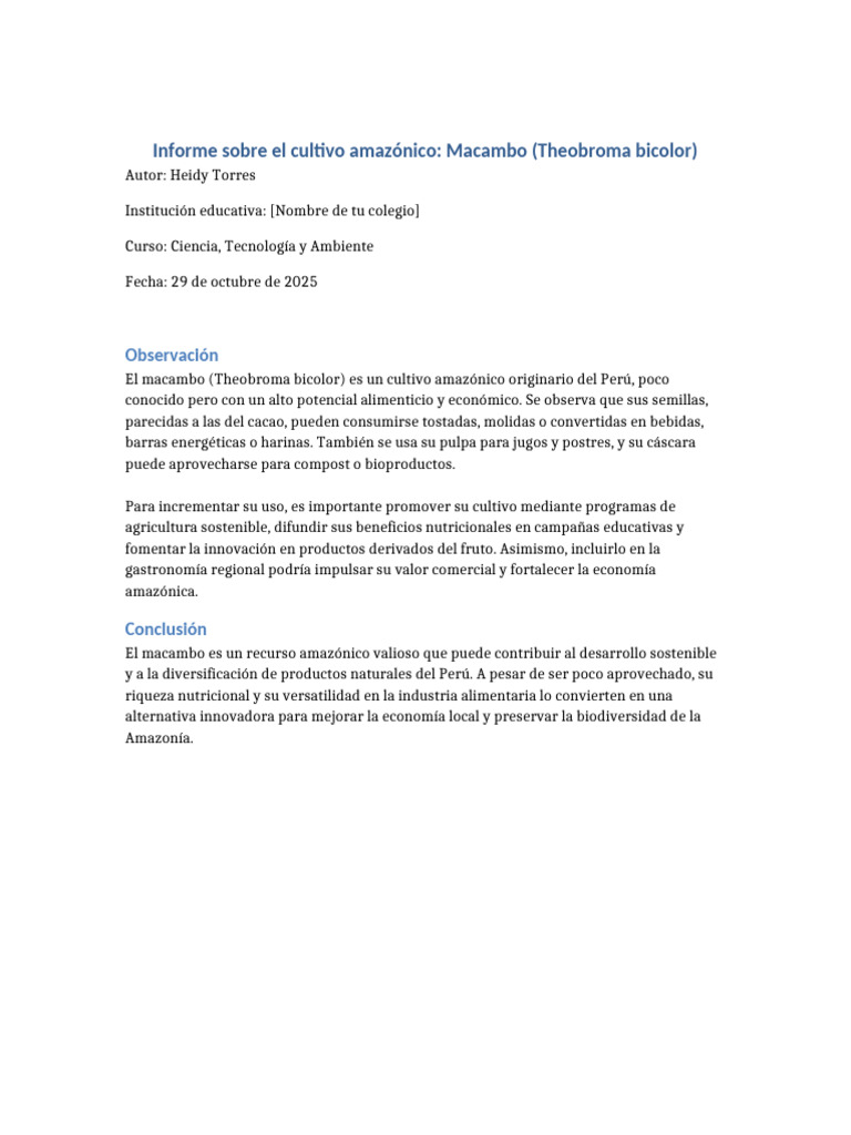 Potencial del Macambo en la Amazonía | PDF