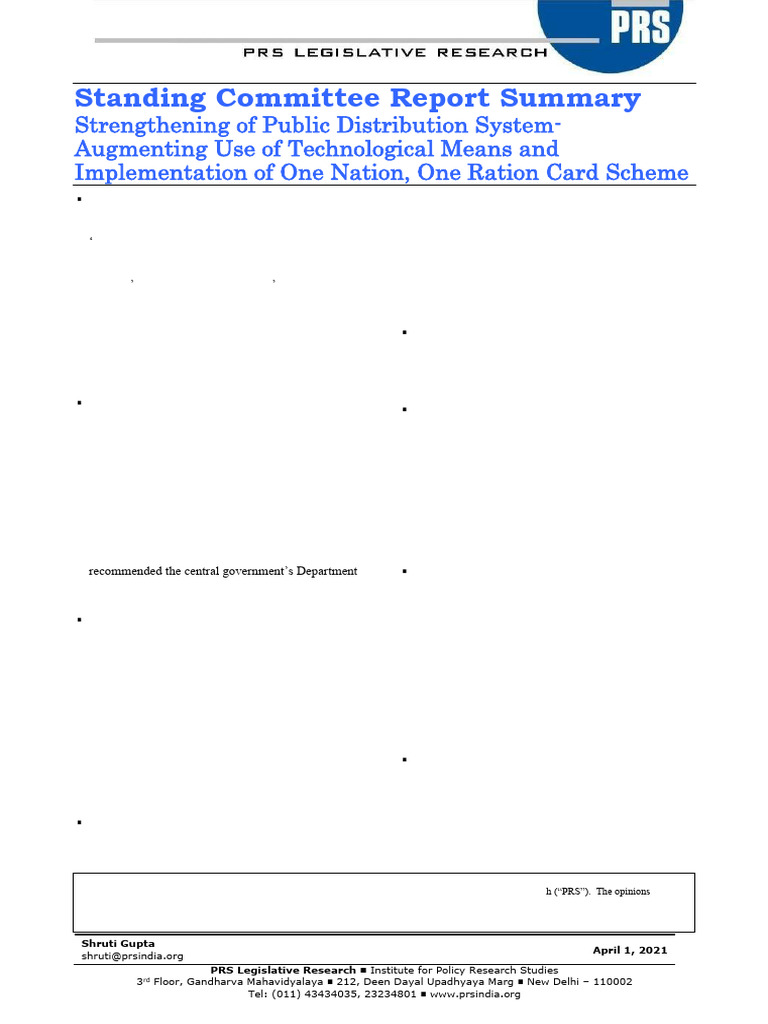 Report Summary - Strengthening of PDS | PDF | Economies