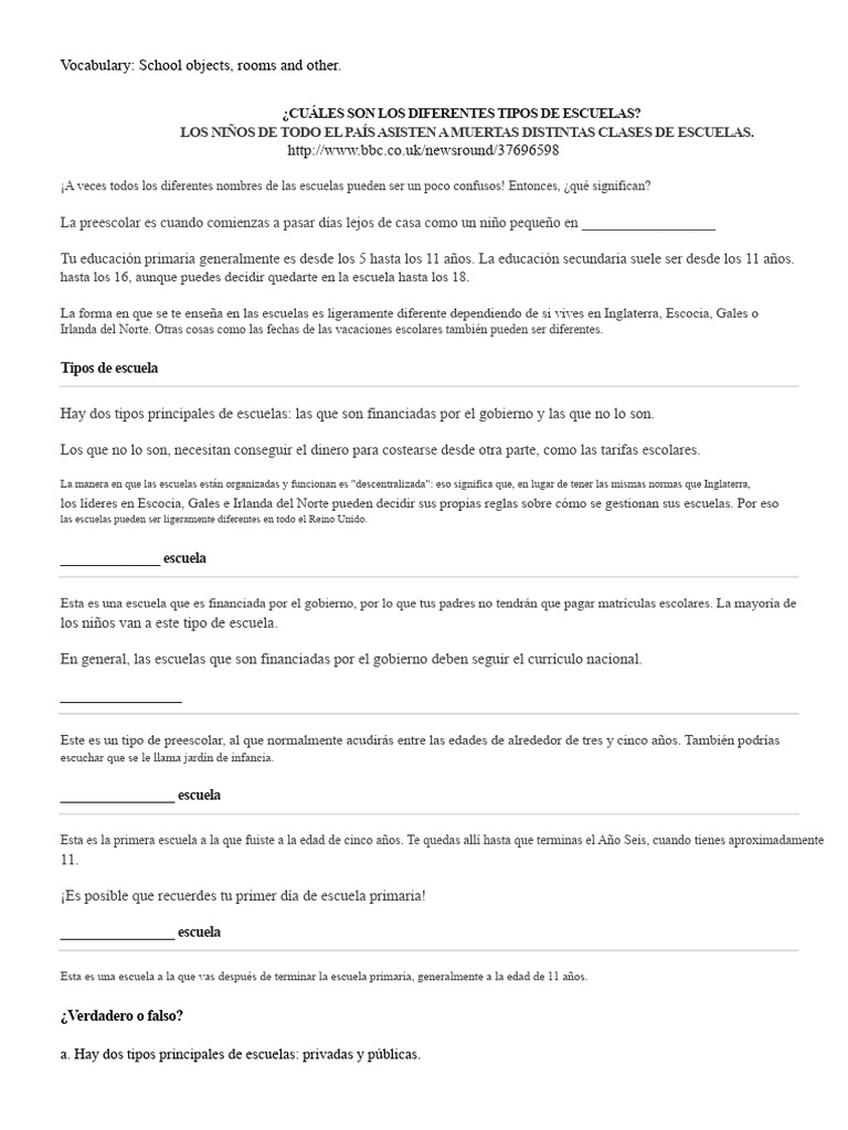 Comprensión de Lectura y Vocabulario - Diferentes Tipos de Escuela ...
