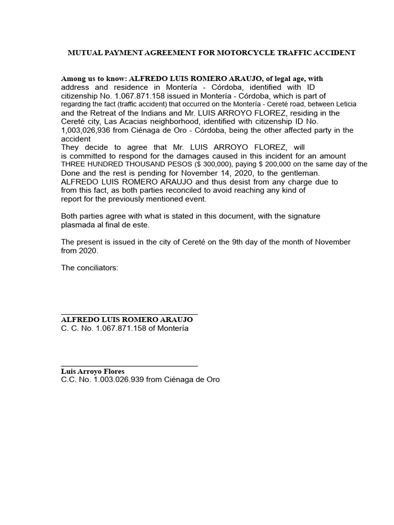 Mutual Payment Agreement For Motorcycle Traffic Accident | PDF