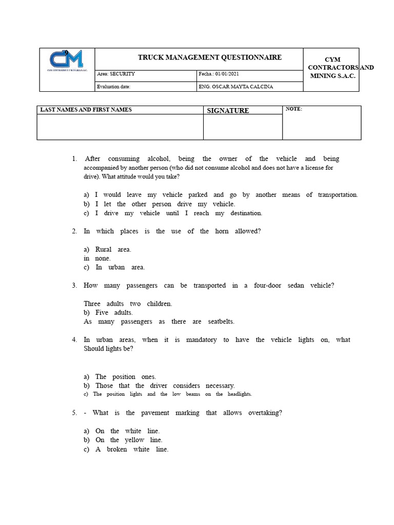 Truck Management Safety Questionnaire | PDF | Traffic | Land Transport