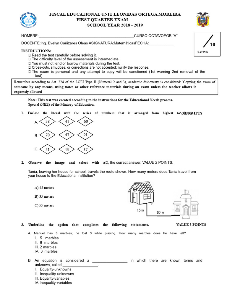 Exam 1q-Math-Eighth (Sen) | PDF | Mathematics