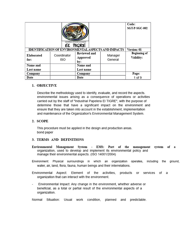 Procedure For Identification of Environmental Aspects and Impacts | PDF ...
