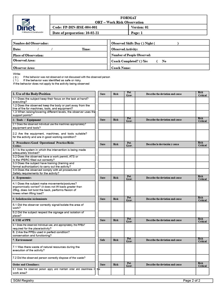 Annex 11. Task Risk Observation (ORT) | PDF | Personal Protective ...