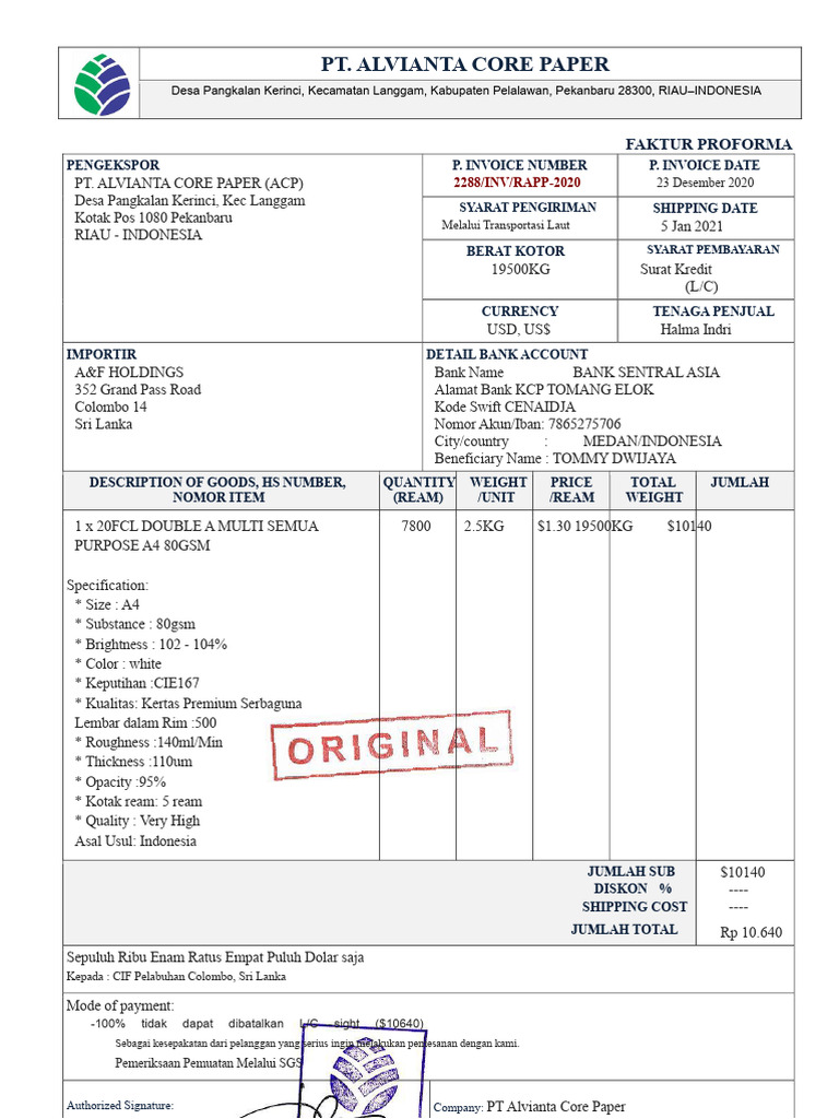 Faktur Proforma Ekspor Kertas A4 80GSM | PDF