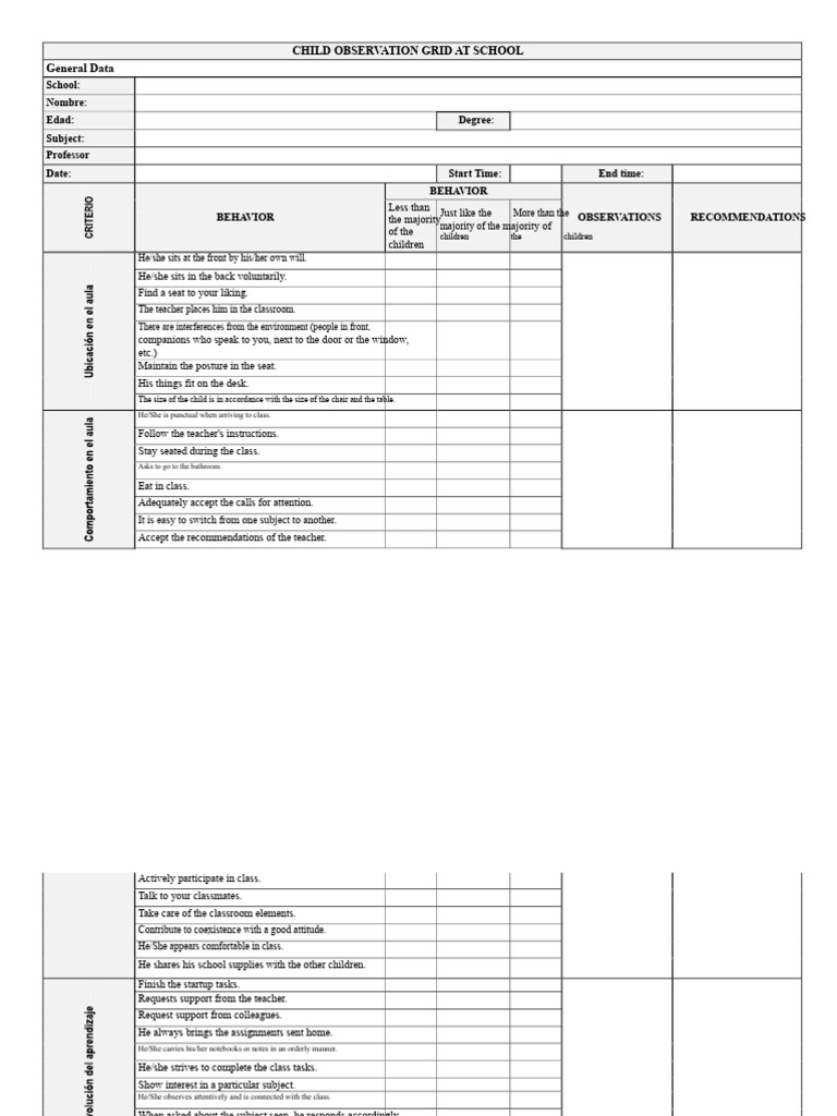 Child Observation Grid at School | PDF | Classroom | Teachers