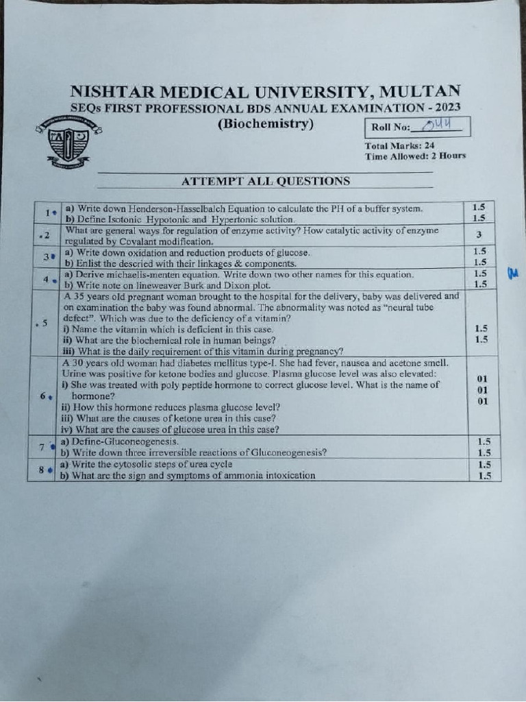 Biochemistry past papers | PDF